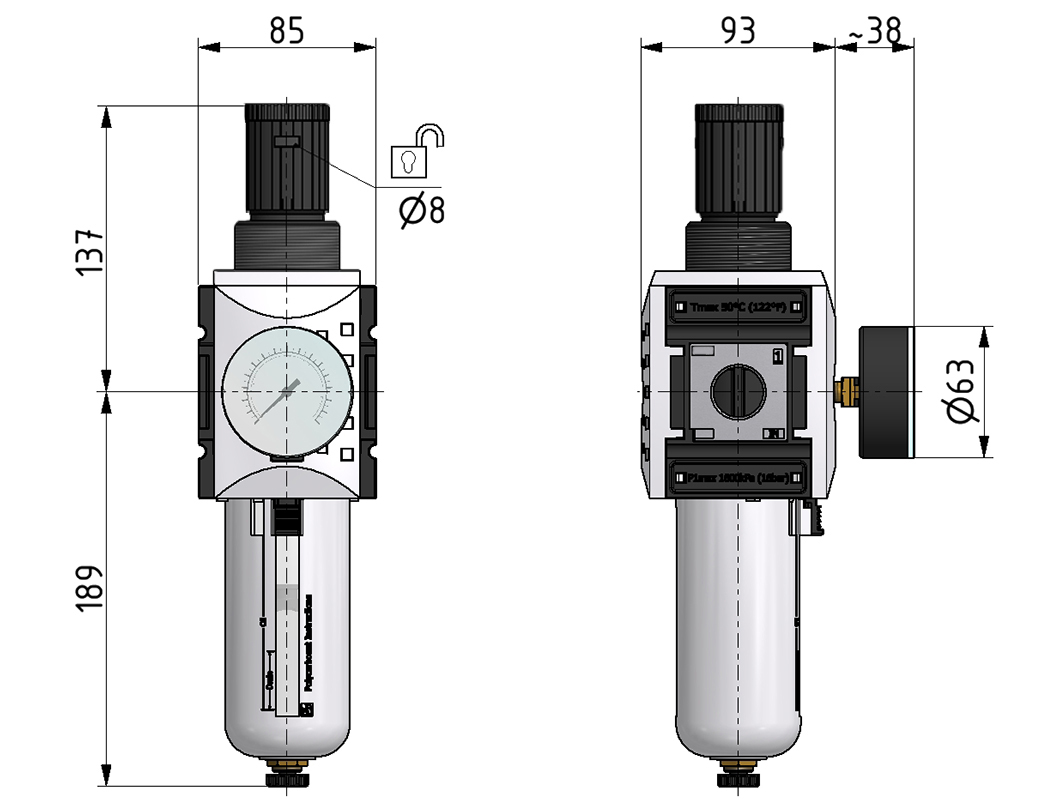 Filter regulator G1 0,5-8 5µm with PC bowl, bowl guard, semi automatic ...