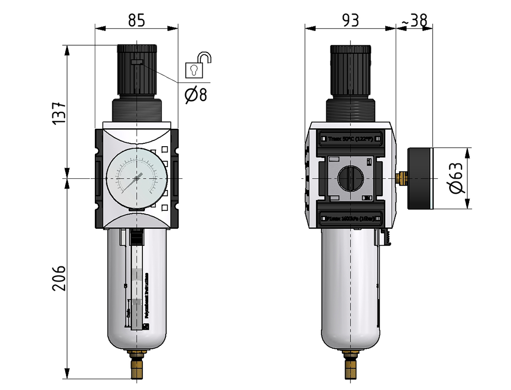 Filter regulator G1 0,5-8 5µm with PC bowl, bowl guard, automatic drain ...