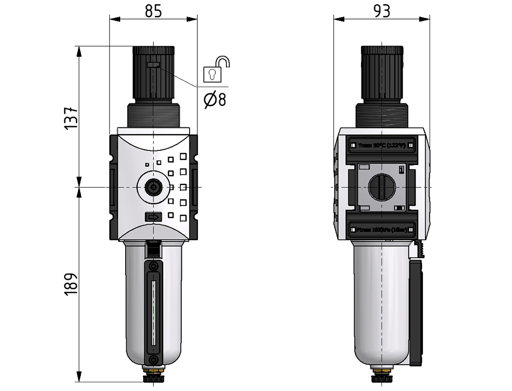 Filter regulator G3/4 0,5-8 5µm with metal bowl and semi automatic ...