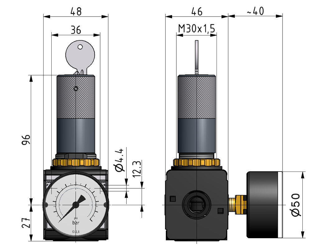 Filter regulator G1/4 0,1-4 5µm with PC bowl, semi automatic drain ...