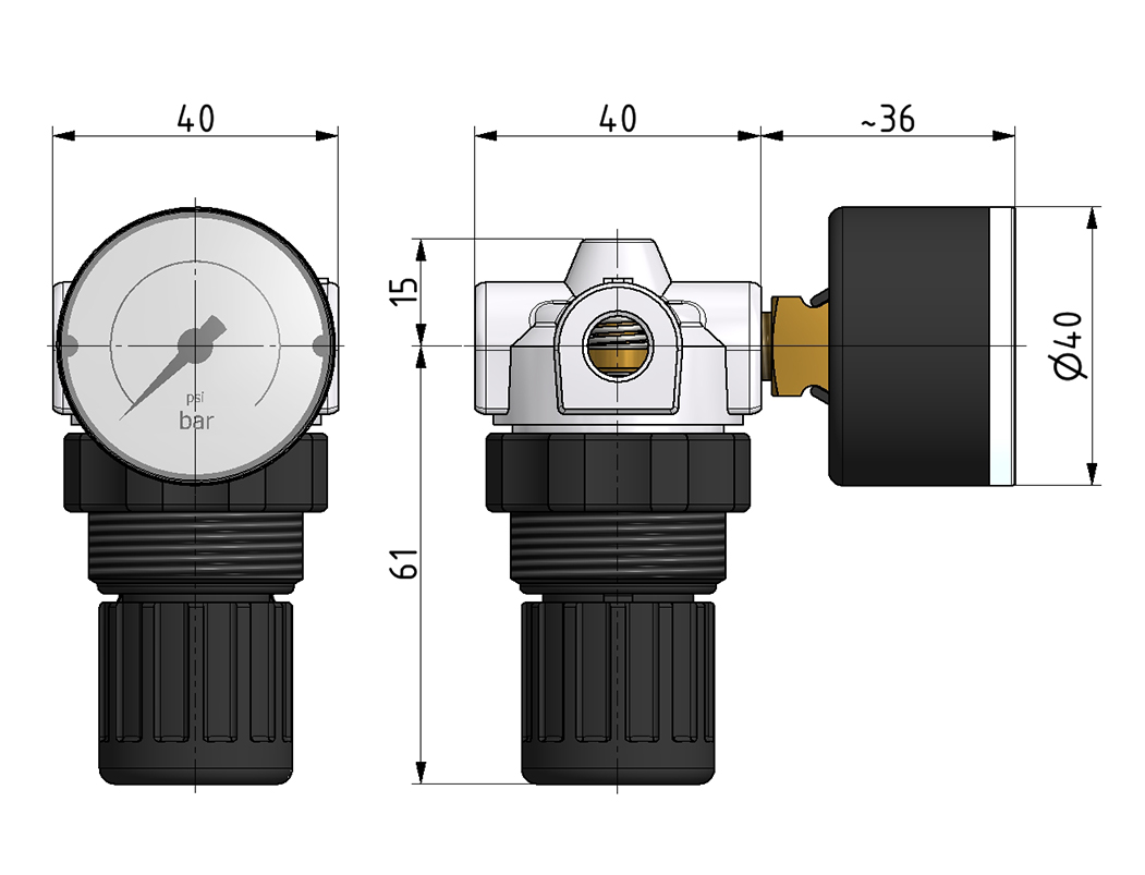 Pressure regulator G1/4 0,1-3 with gauge G 40.6 R - knocks.de