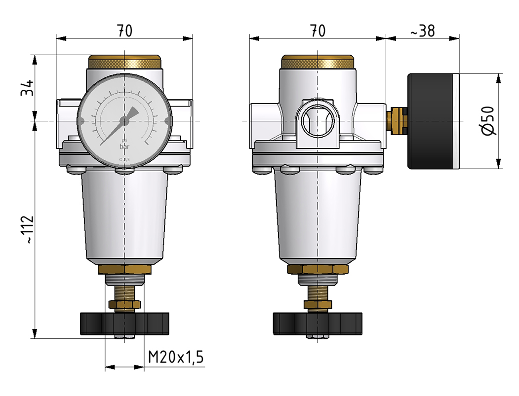Pressure regulator G1/2 0,5-10 with gauge G 50.16 R and panel mounting ring - knocks.de