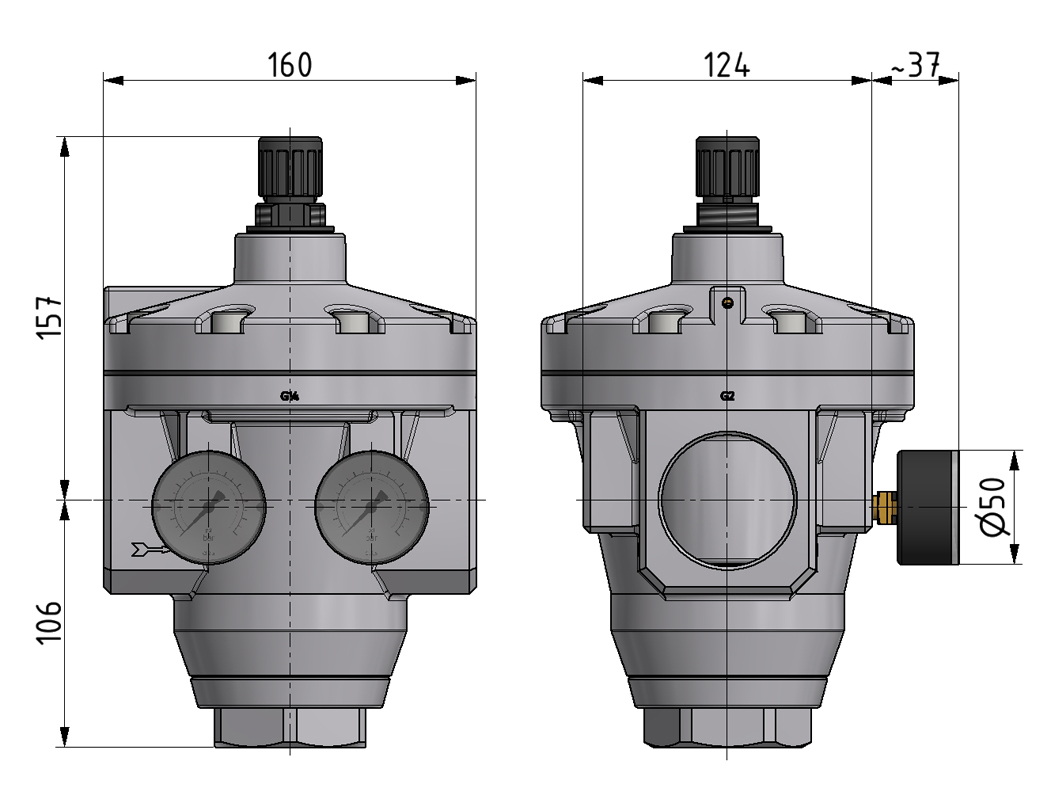 Pressure regulator G2 0,1-3 pilot control with gauge G 50.25 R and G 50 ...