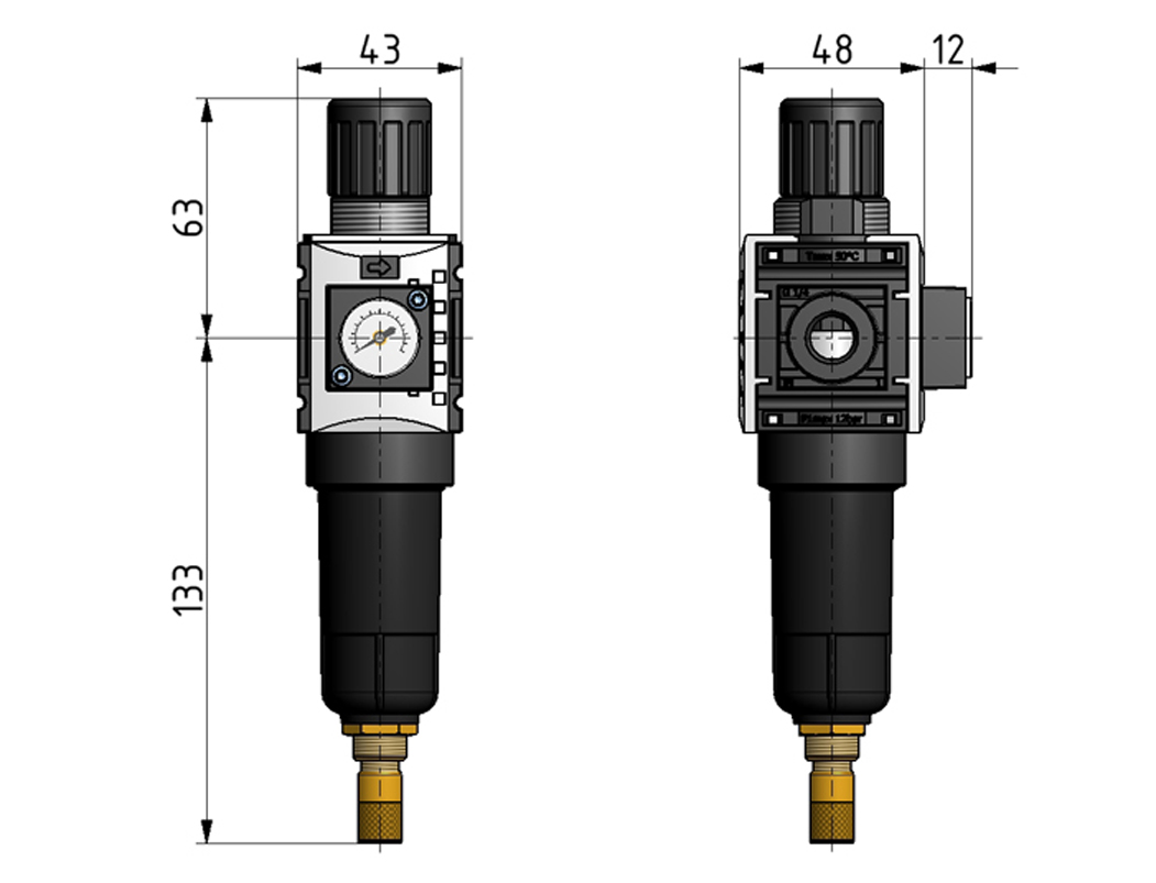 Filter regulator G1/4 0,5-8 5µm with metal bowl, automatic drain and ...