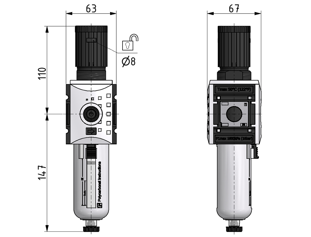 Filter regulator G3/8 0,2-4 5µm with PC bowl, bowl guard and semi ...