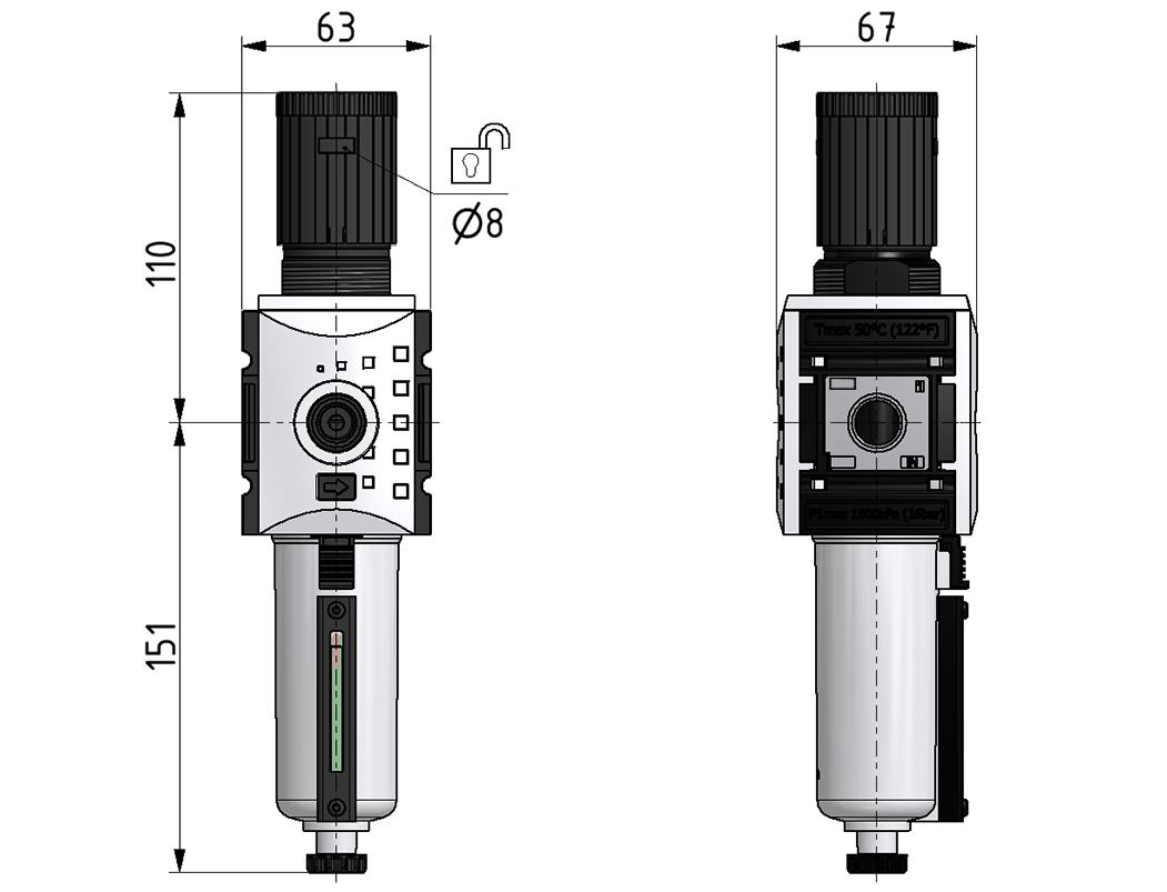 Filter regulator G1/2 0,5-8 5µm with metal bowl and semi automatic ...