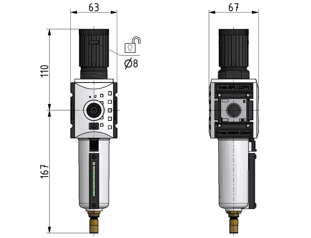 Filter regulator G1/2 0,5-8 5µm with metal bowl and automatic drain ...